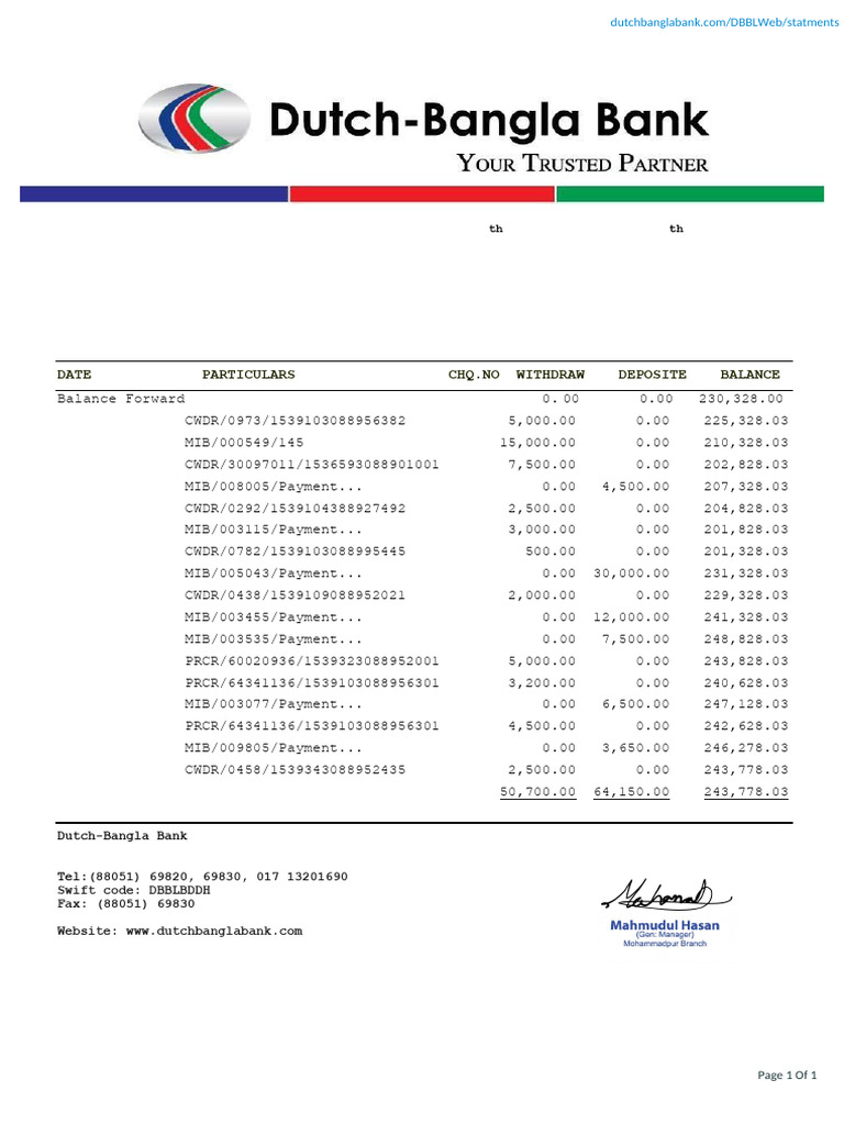 DBBL Statement | PDF | Banking
