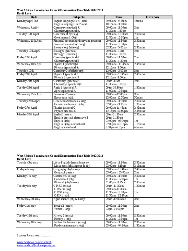 WAEC Exam Timetable 2012/2013 | PDF