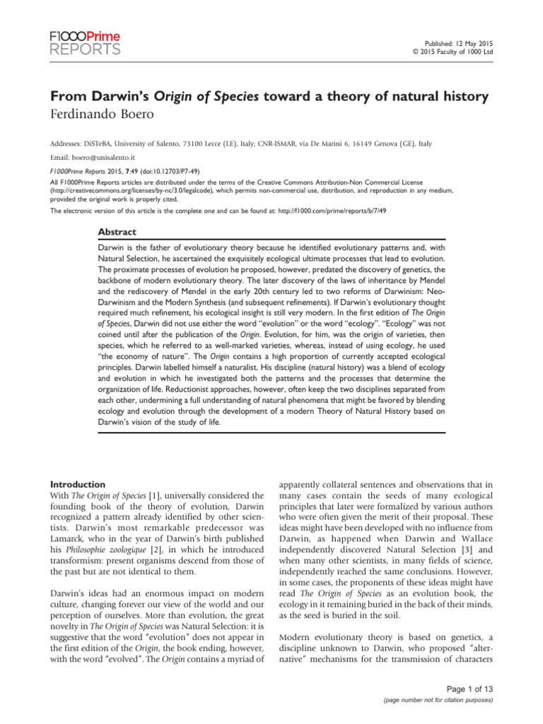 From Darwins Origin of Species Toward A | PDF | On The Origin Of ...