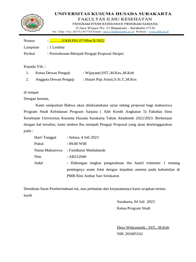 UNDANGAN UJIAN PROPOSAL FARIDHATUL M | PDF