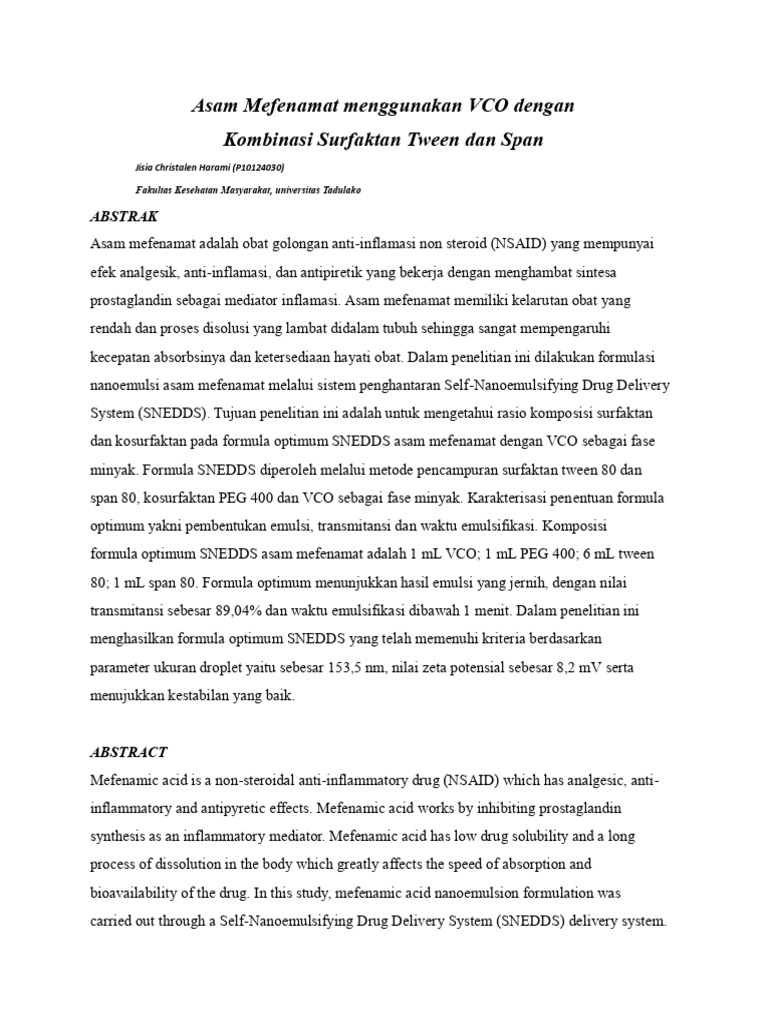 Asam Mefenamat menggunakan VCO dengan Kombinasi Surfaktan Tween dan Span | PDF