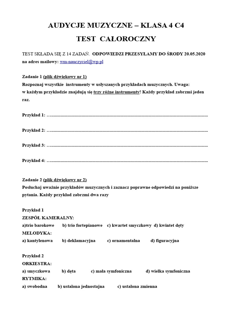Klasa 4c4 Am Lekcja 07 Test Całoroczny | PDF
