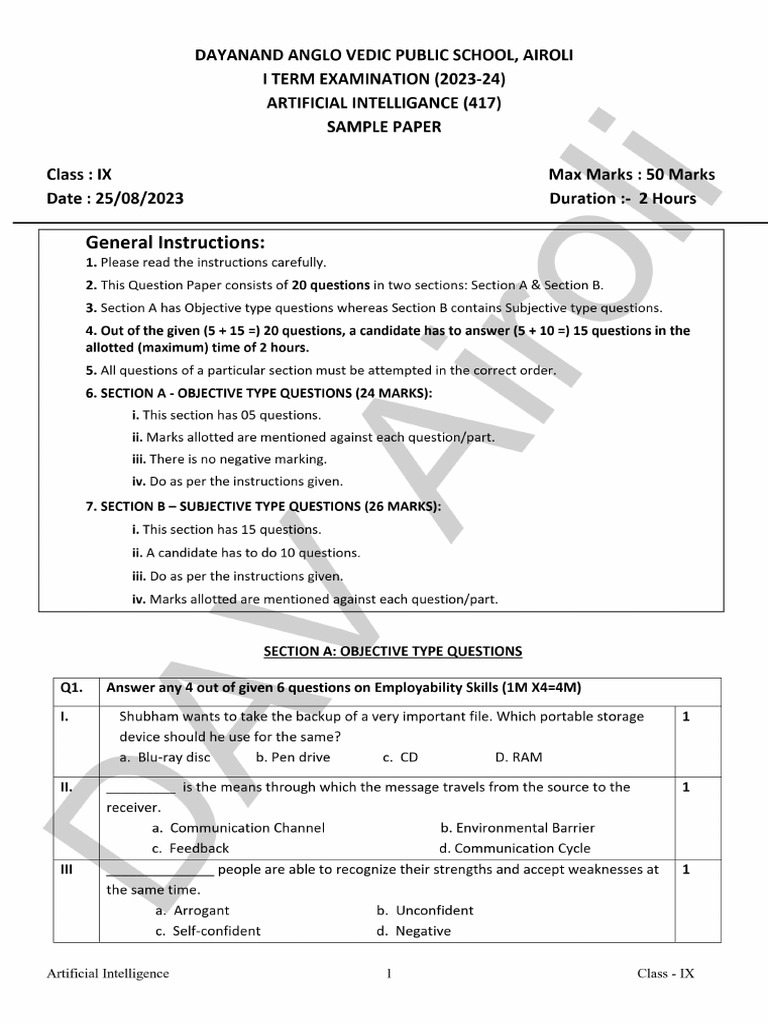 9 Ai TERM-1-IX-23-24-AI-417-SAMPLE PAPER-WM | PDF