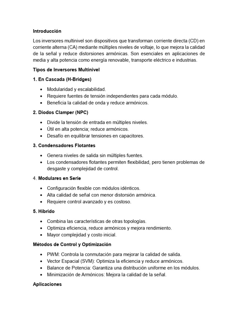Resumen (Inversores Multinivel) | PDF | Energia electrica | Corriente alterna