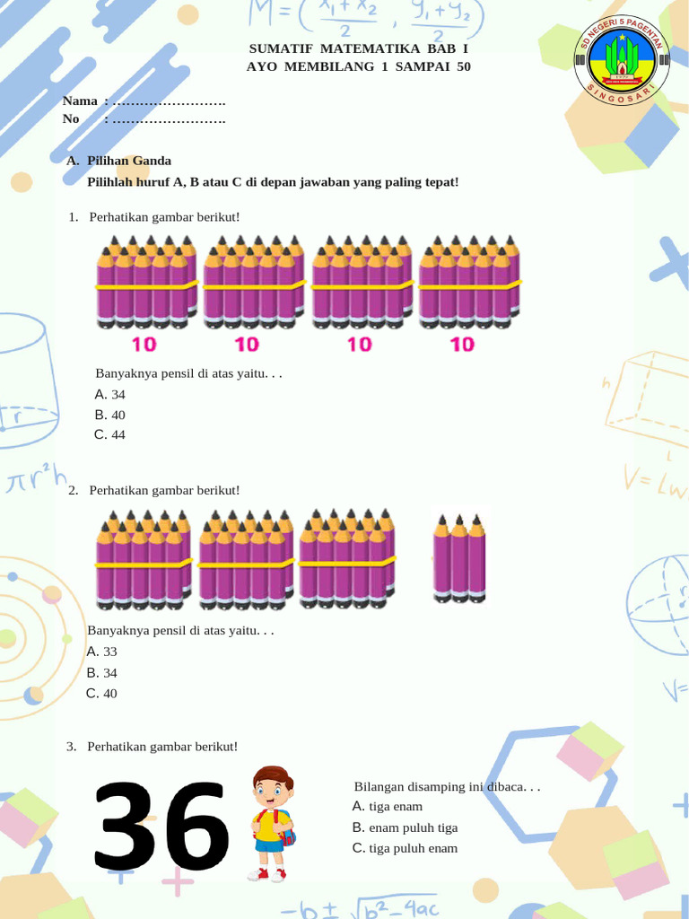 Sumatif Matematika Kelas 2 Bab 1 Ayo Membilang Sampai Dengan 50 | PDF