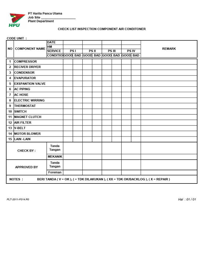5.PLT-2011-F014-Check Sheet Inspection AC | PDF
