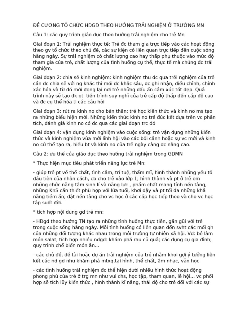 ĐỀ CƯƠNG TỔ CHỨC HDGD THEO HƯỚNG TRẢI NGHIỆM Ở TRƯỜNG MN | PDF