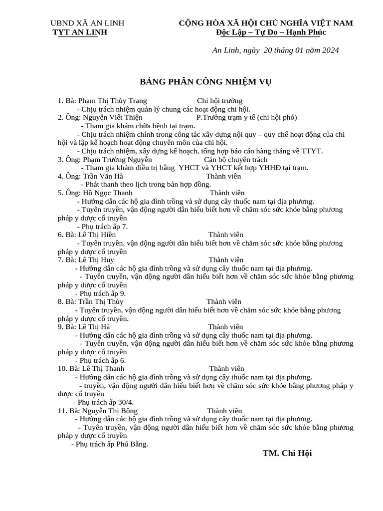 Bang Phan Cong Nhiem Vu Chi Hoi 2023 | PDF