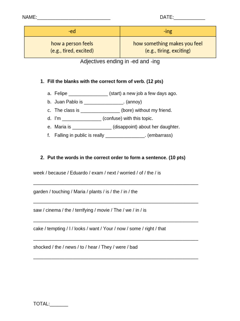Adjectives Ending in - Ed and - Ing | PDF
