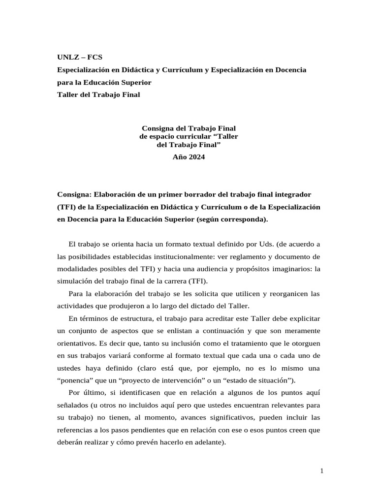 2024 - Consigna Del Trabajo Final Del Seminario | PDF | Plan de estudios