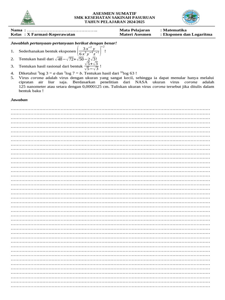 Soal Sumatif Eksponen Logaritma X Pdf