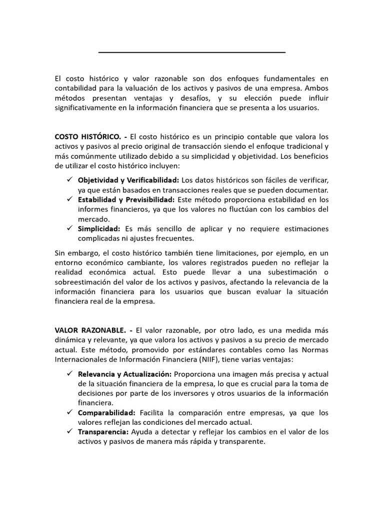 Costo Histórico vs. Valor Razonable en Contabilidad | PDF ...