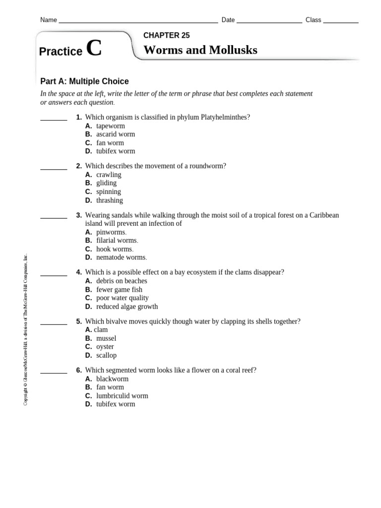 Practice Questions C Worms and Mollusks 25 All | PDF | Mollusca