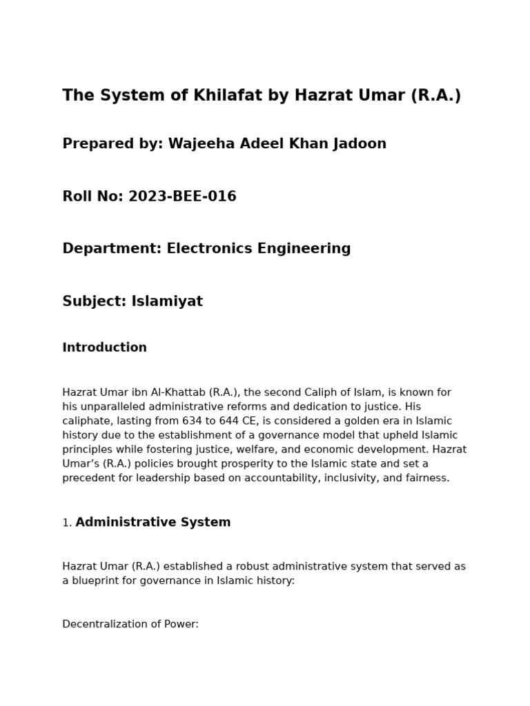 Wajeeha Adeel assignment islamiyat | PDF | Umar | Welfare