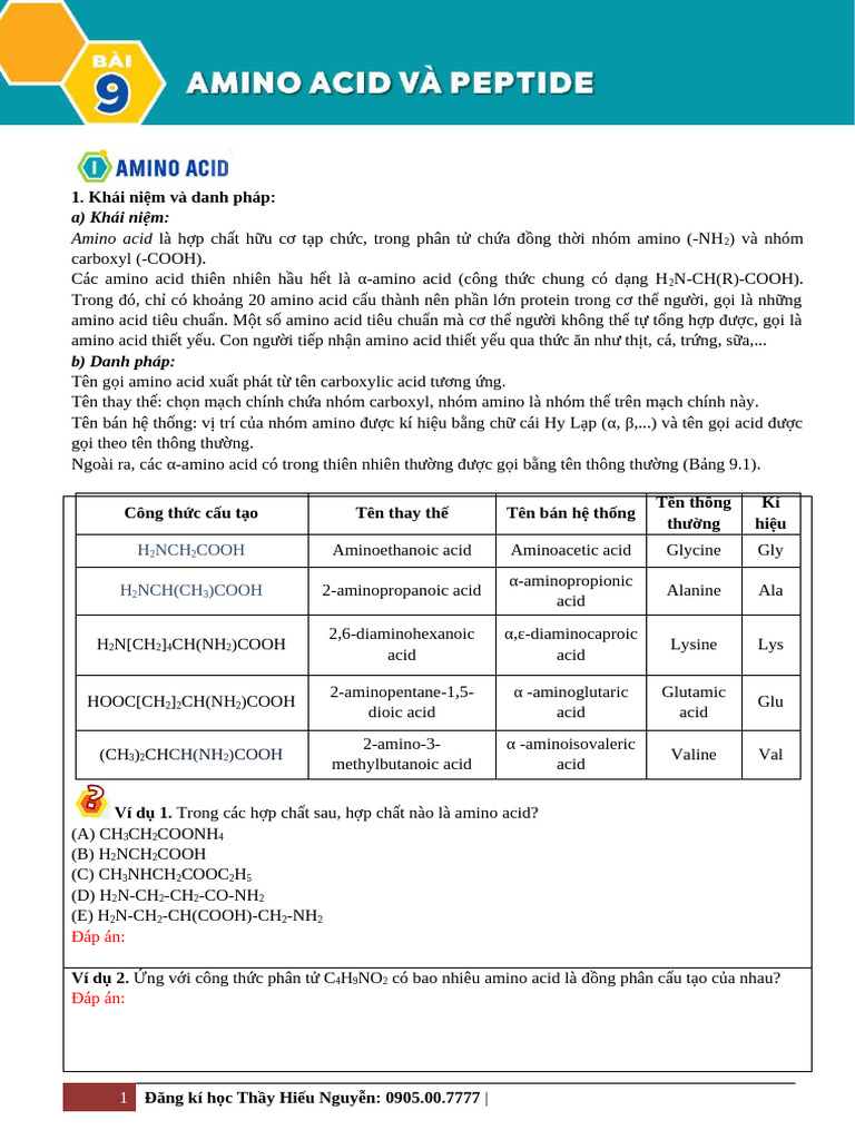 Bài 9. Amino Acid - Peptide Đề | PDF