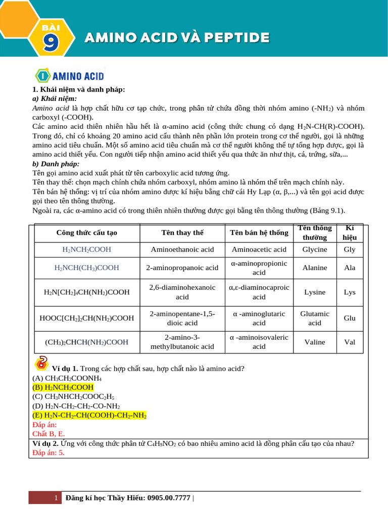 Bài 9. Amino Acid - Peptide | PDF