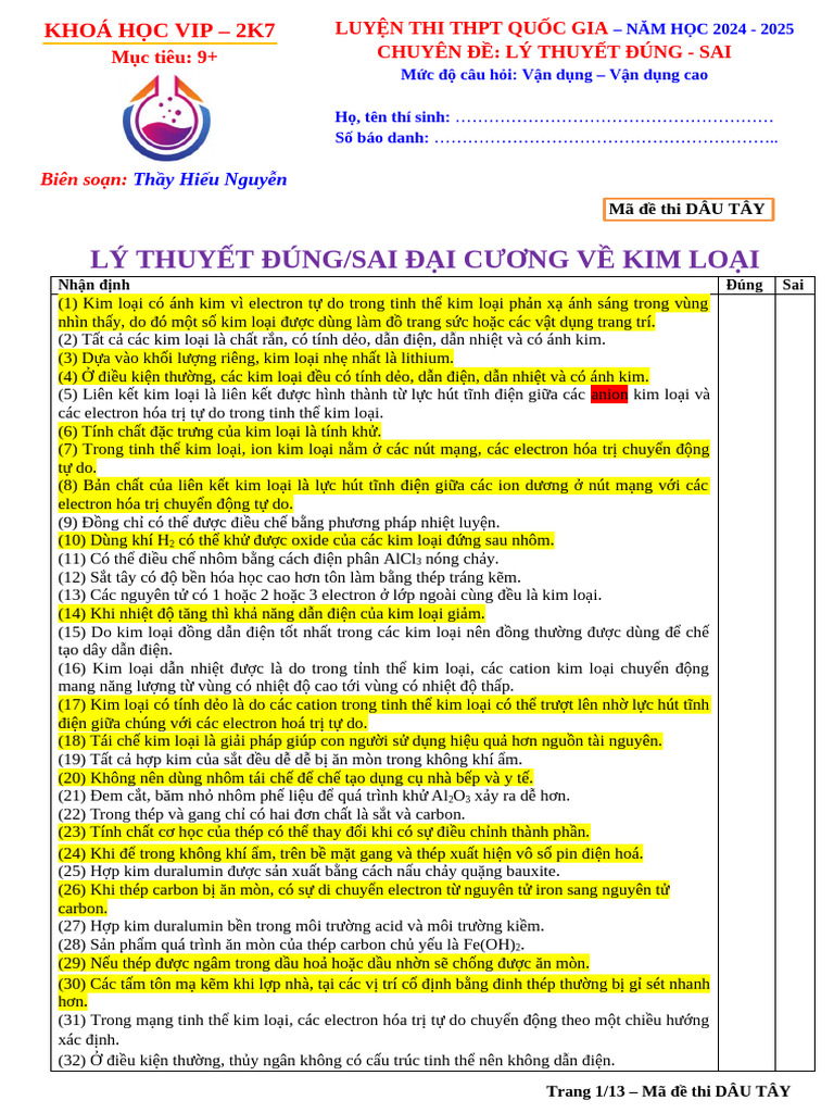 Lý Thuyết Đúng - Sai Đại Cương Về Kim Loại VD - VDC | PDF