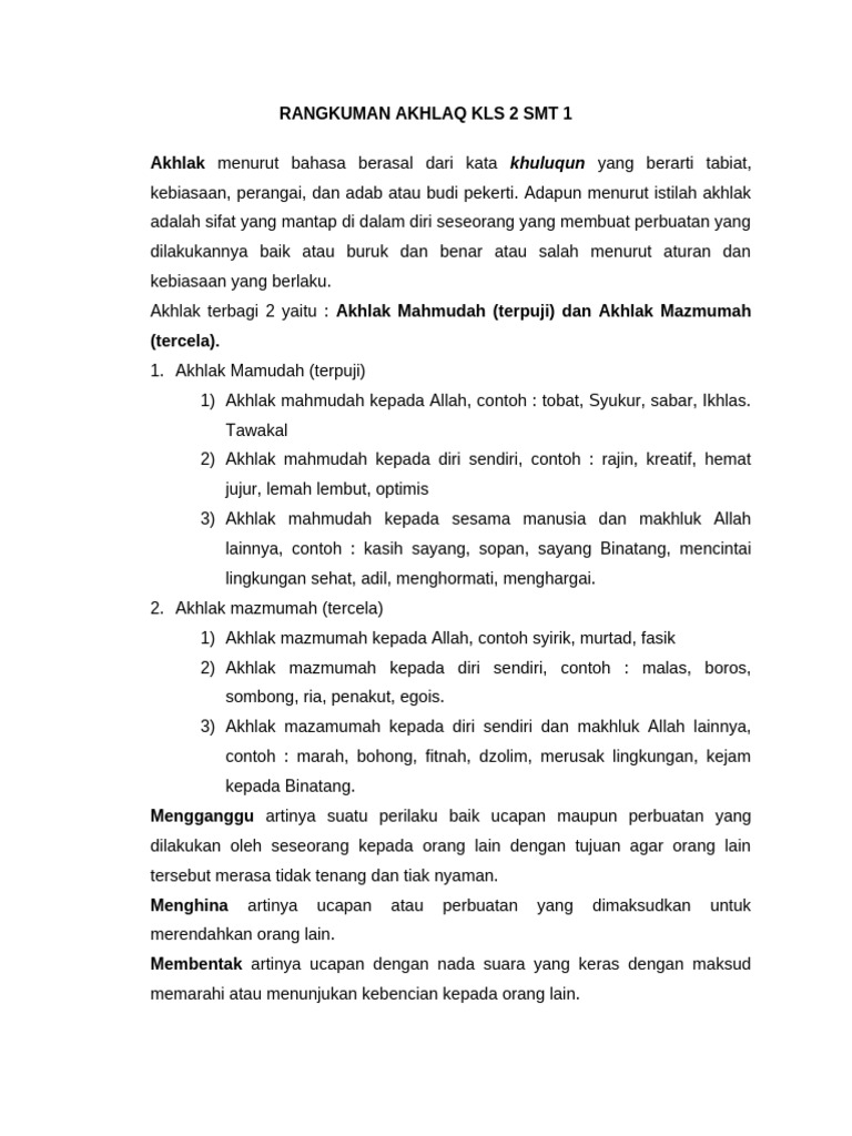 RANGKUMAN Akhlaq KLS 2 SMT 1 | PDF