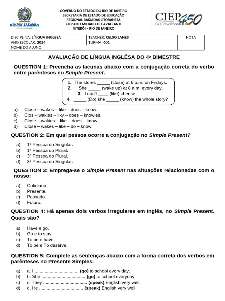 Prova de Inglês - 601 | PDF | Linguística