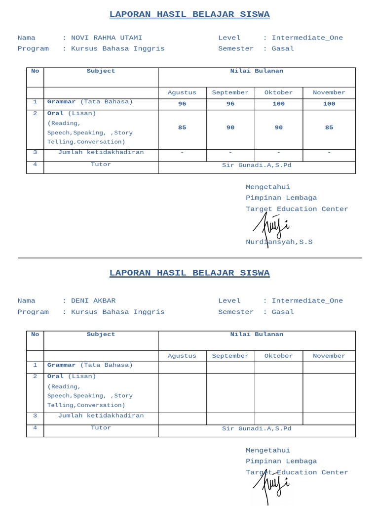 Laporan Nilai Bulanan English ADV - ITM-Elm (Template) | PDF