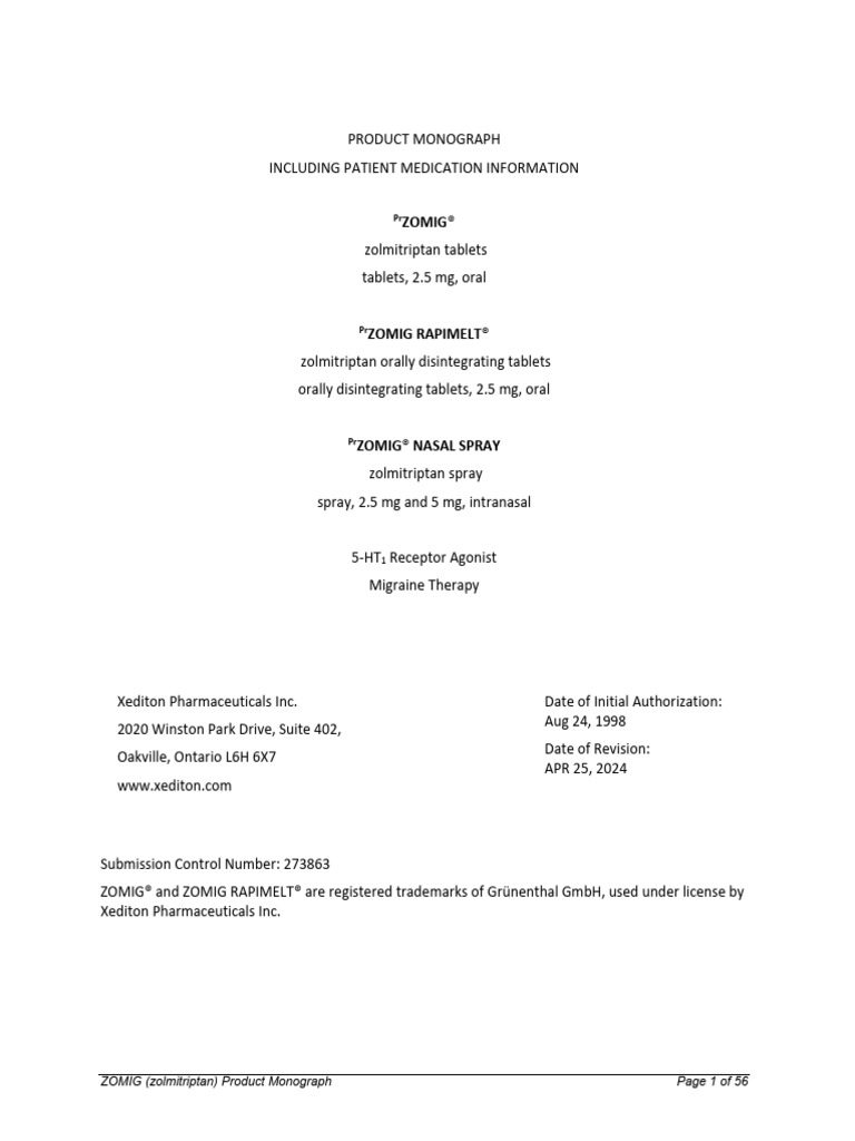 Zomig: ZOMIG (Zolmitriptan) Product Monograph Page 1 of 56 | PDF ...