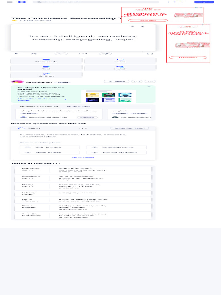 The Outsiders Personality Traits Flashcards Quizlet | PDF ...