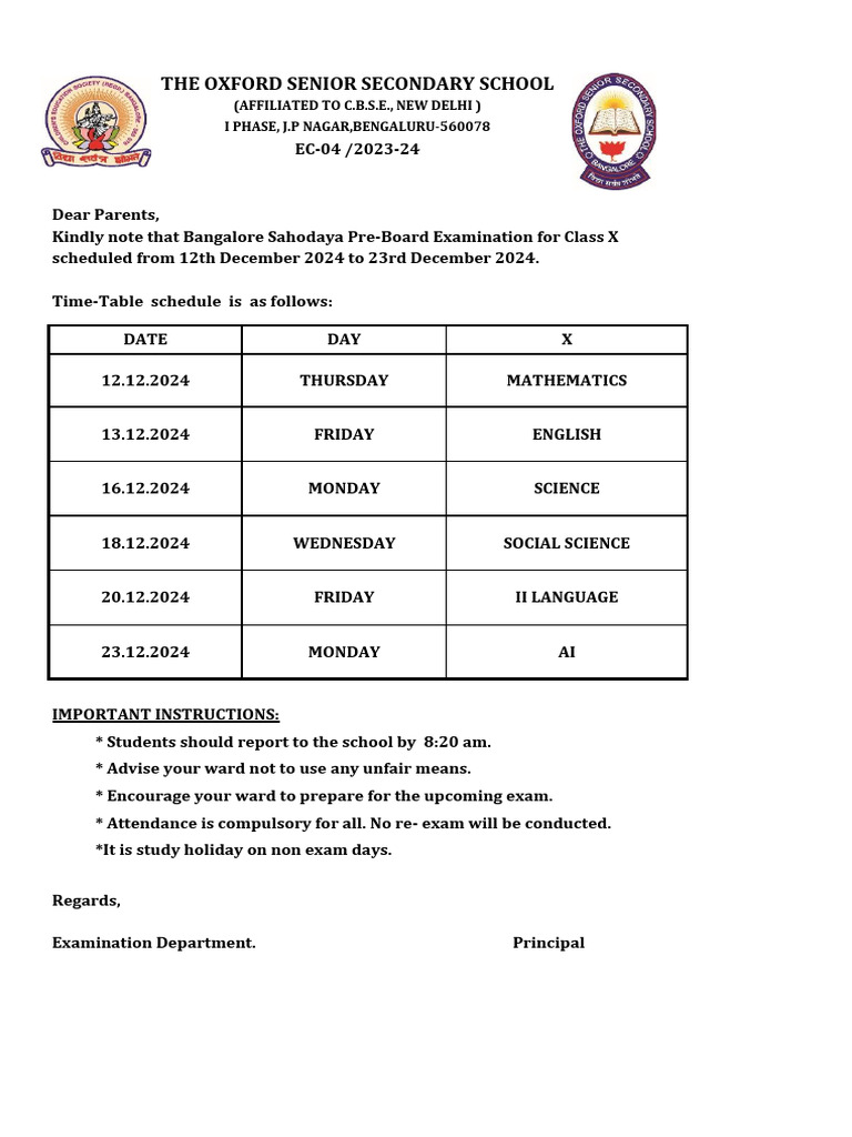 Class X Pre-Board Exam Schedule 2024 | PDF