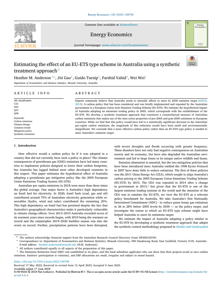 Estimating the Effect of an EU ETS Type Scheme in Australia Using a ...