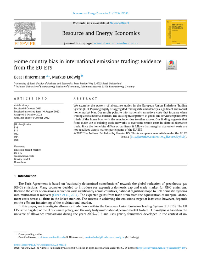 Home Country Bias in International Emissions Trading Evidence From the EU ETS | PDF | Fixed ...