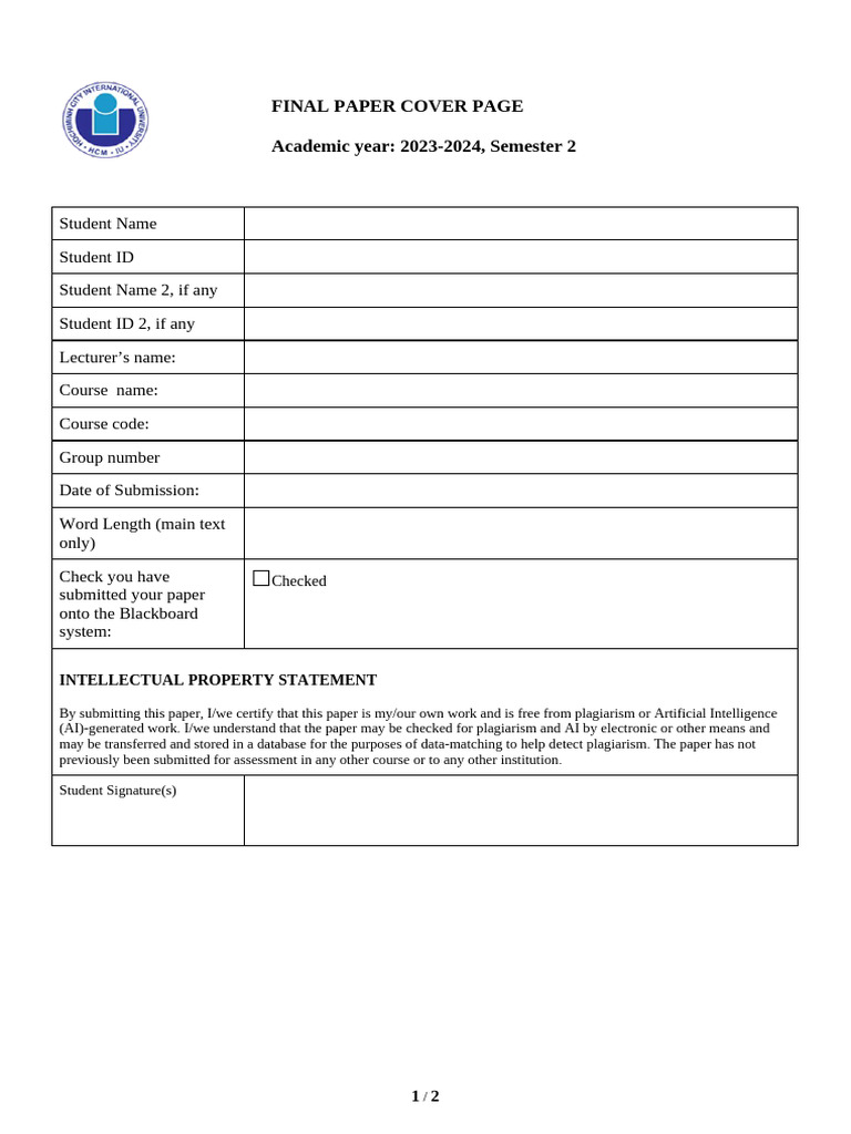 Cover Page - Marking Form | PDF