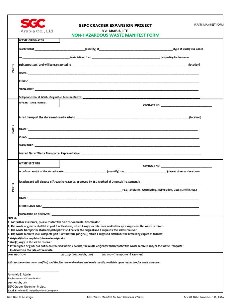 Non-Hazardous Waste Manifest Form | PDF | Waste | Materials