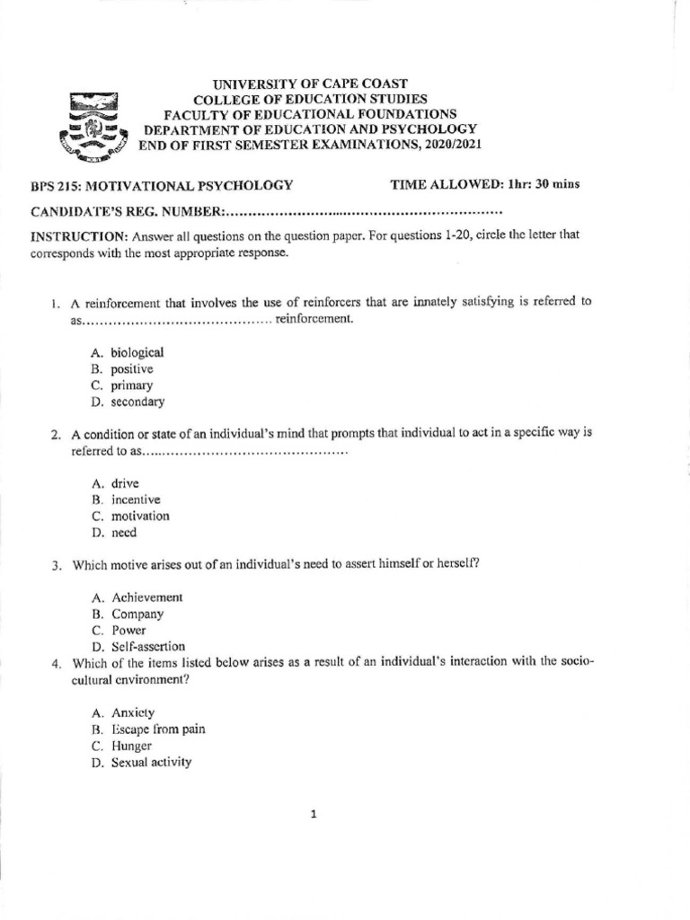 Motivational Psychology Bps 215 | PDF