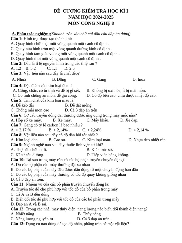 De Cuong On Tap Kiem Tra HK I Cong Nghe 8 | PDF