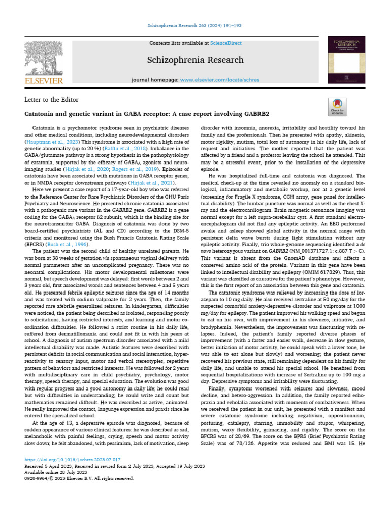 Catatonia and Genetic Variant in GABA Receptor A Case | PDF | Epilepsy | Diseases And Disorders