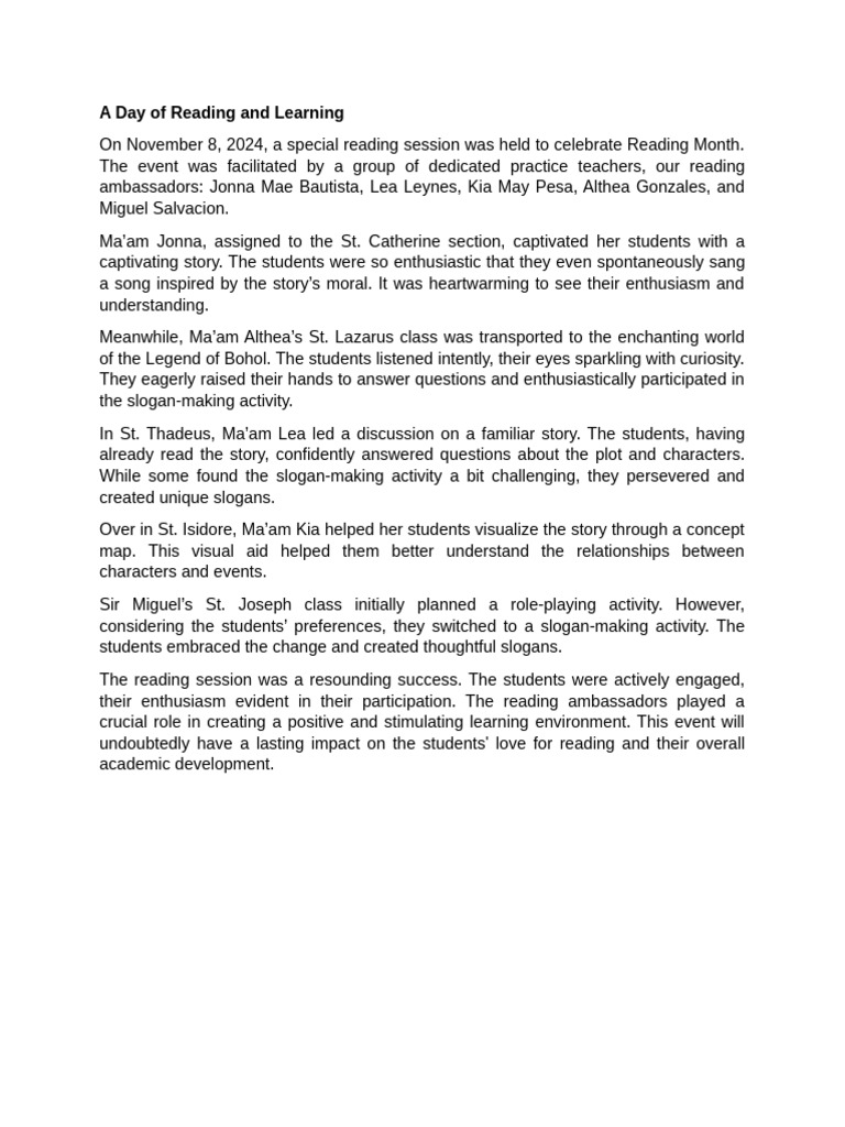 A Day of Reading and Learning | PDF