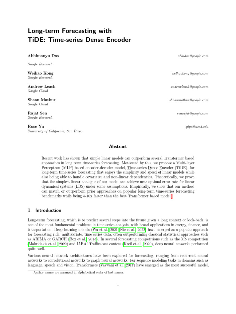 Long-Term Forecasting With TiDE Time-Series Dense Encoder | PDF | Time Series | Artificial ...