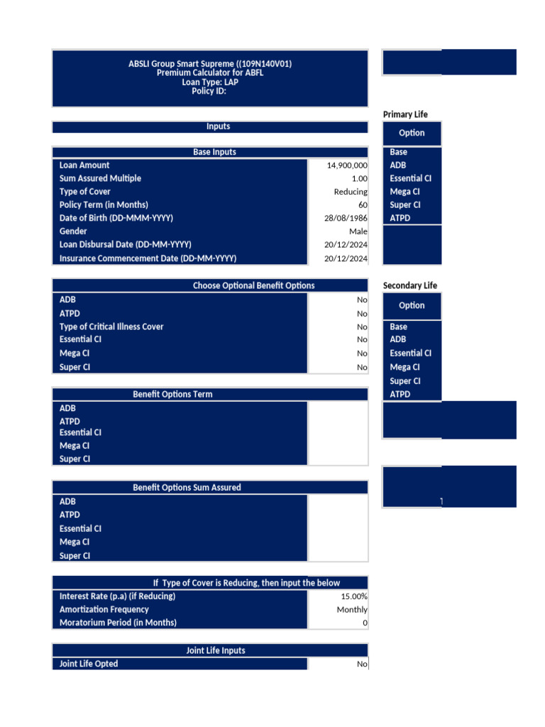 Group Smart Supreme - Premium Calculator - ABFL - LAP | PDF | Insurance | Loans