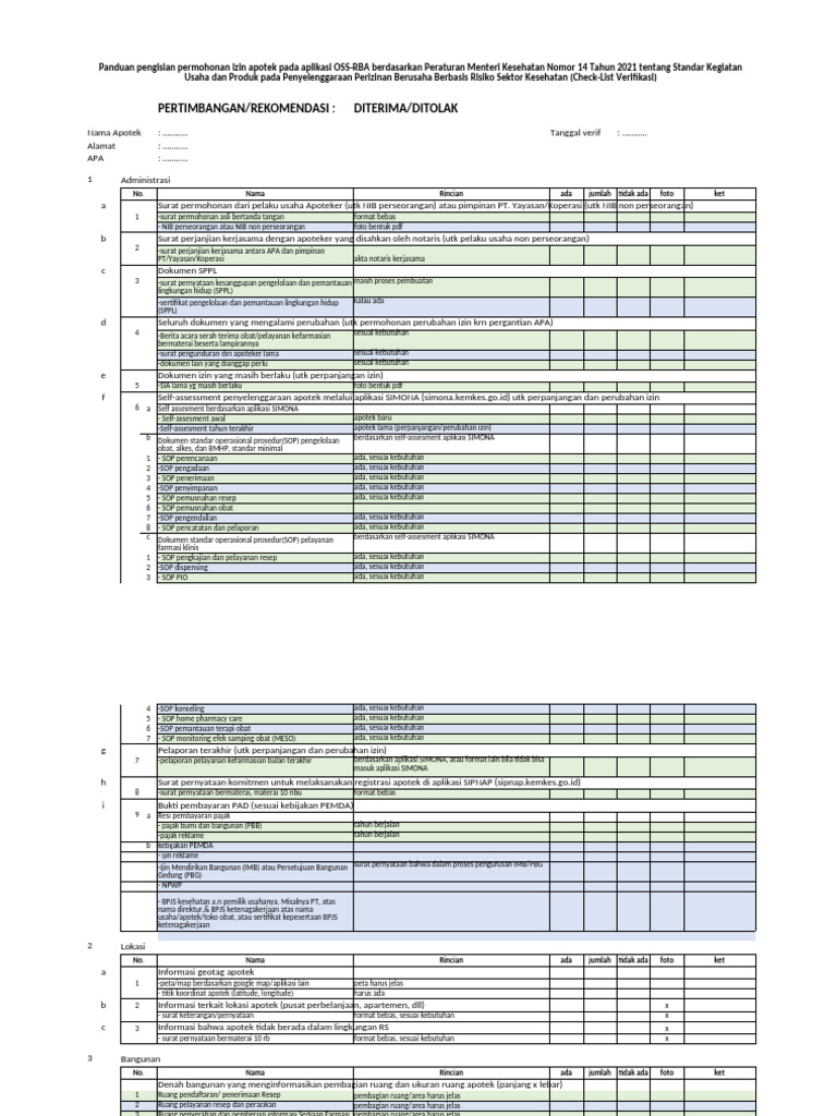 Checklist Verifikasi Teknis Apotek Dan Toko Obat TH 2024 Dinas ...