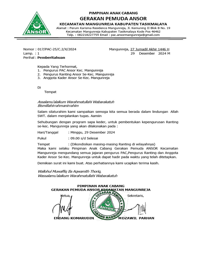 17._Pemberitahuan_Pengurus_dan_Anggota_PAC_Ansor_&_Ranting_Ansor[1] | PDF