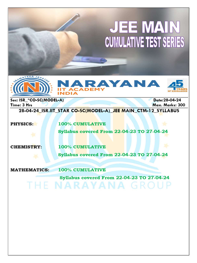 28 04 24 Isr.iit Star Co Sc(Model a) Jee Main Ctm 11 Qp | PDF | Ellipse | Force