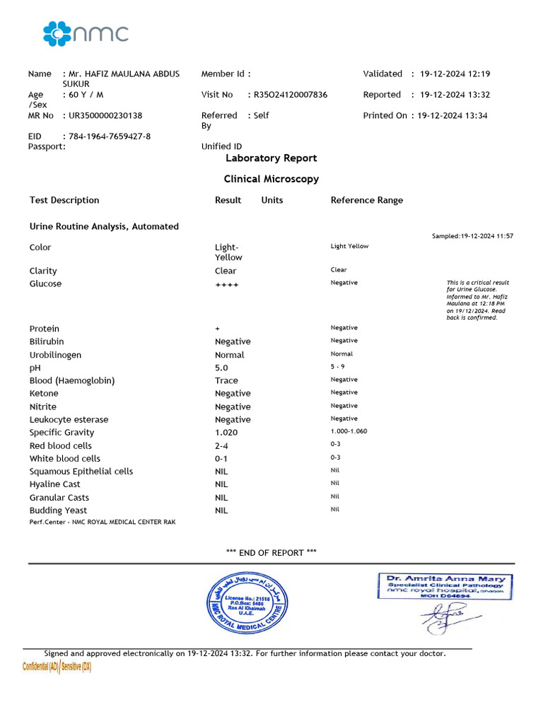 Urine Analysis Report: Critical Glucose | PDF | Clinical Medicine | Anatomy