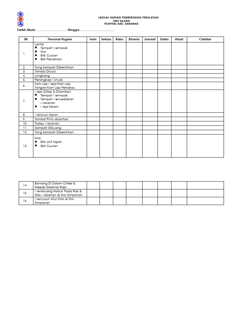 Jadual Pembersihan Premis (Harian, Mingguan Dan Bulanan) | PDF