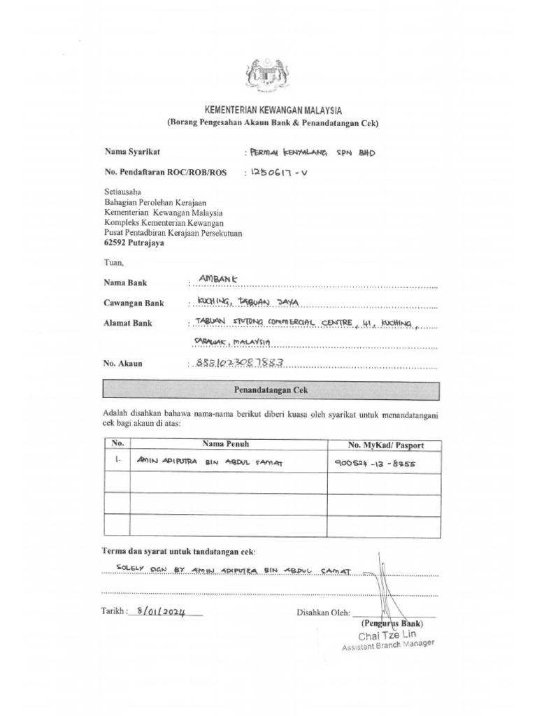 PKSB - Borang Pengesahan Akaun Bank Dan Penandatangan Cek | PDF