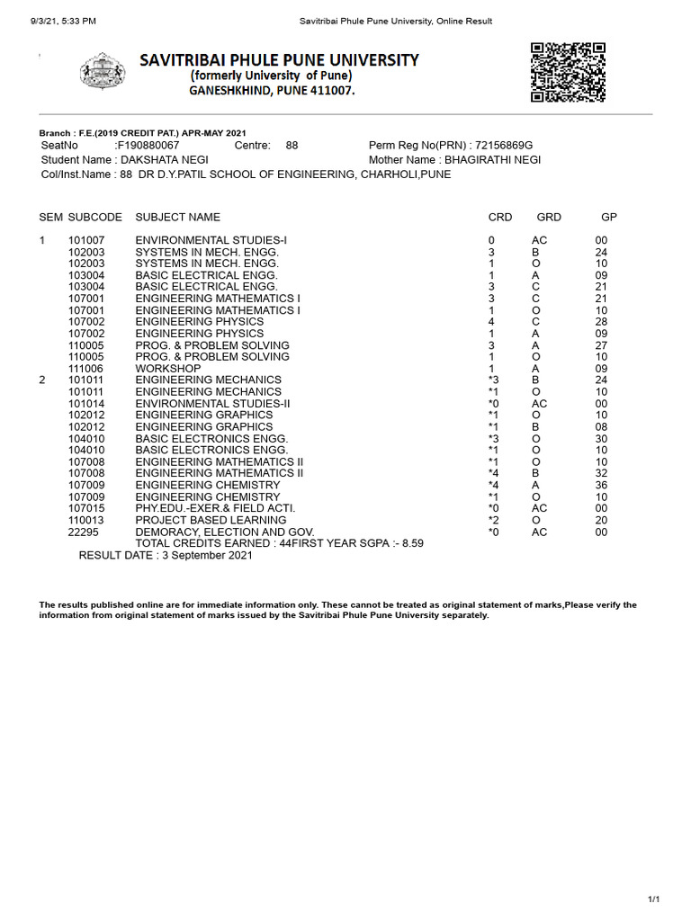 Savitribai Phule Pune University, Online Result | PDF | Natural Sciences | Academic Discipline ...