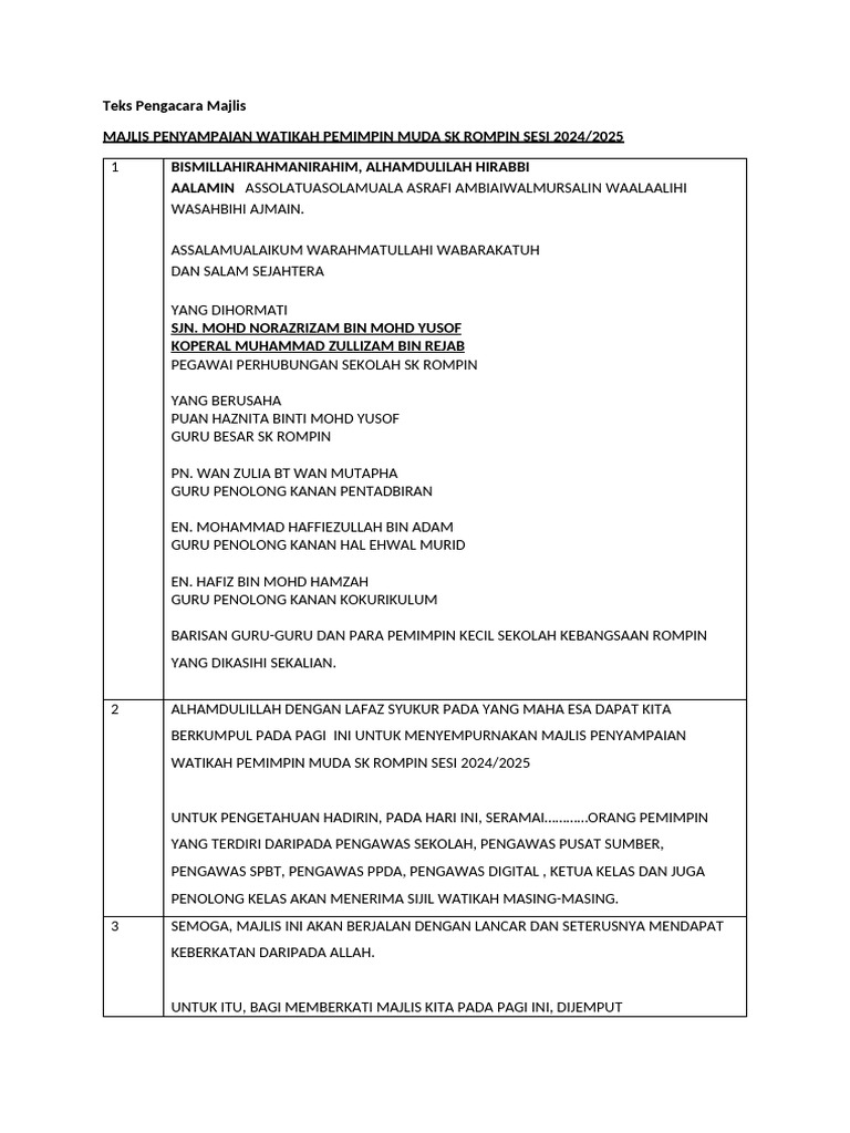 Teks MC Majlis PENYAMPAIAN WATIKAH PEMIMPIN KECIL SKR | PDF