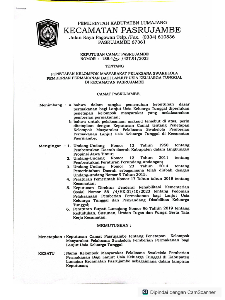 SK Pokmas Swakelola Pemberian Permakanan Bagi Lanjut Usia | PDF
