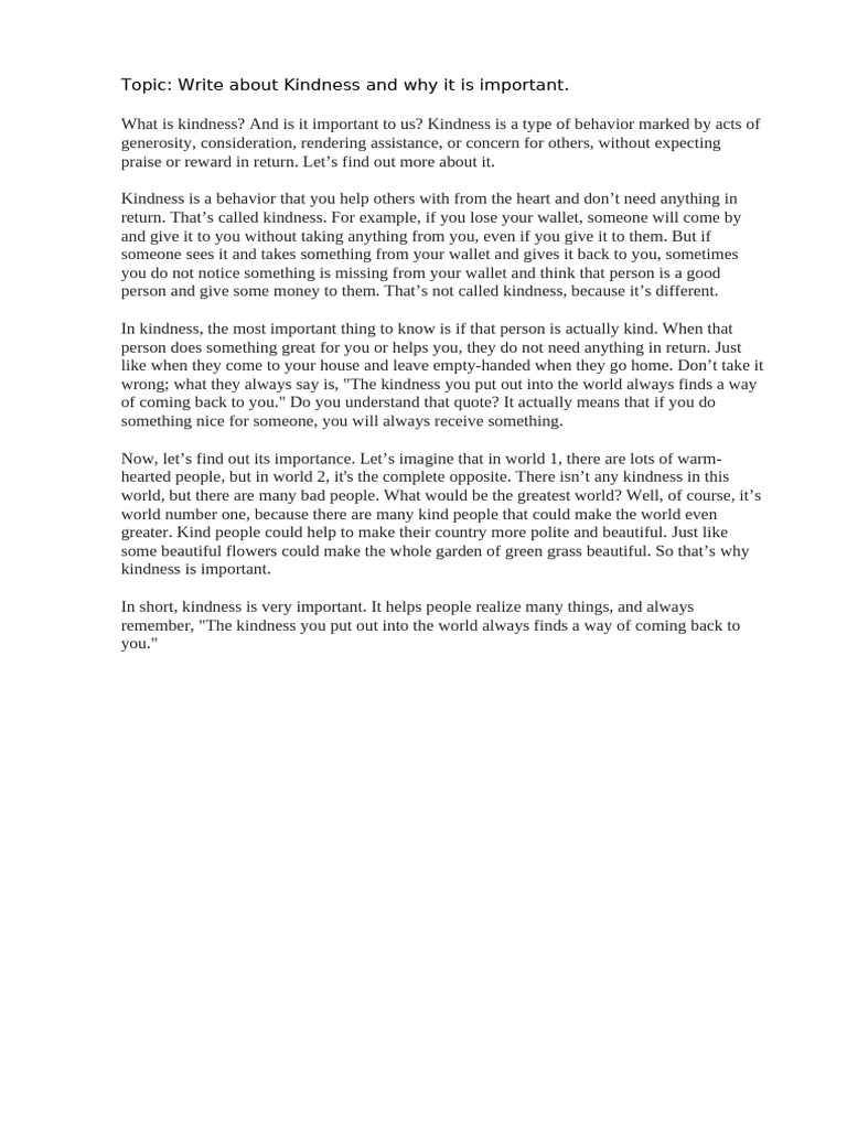 Topic Write About Kindness and Why It Is Important. | PDF