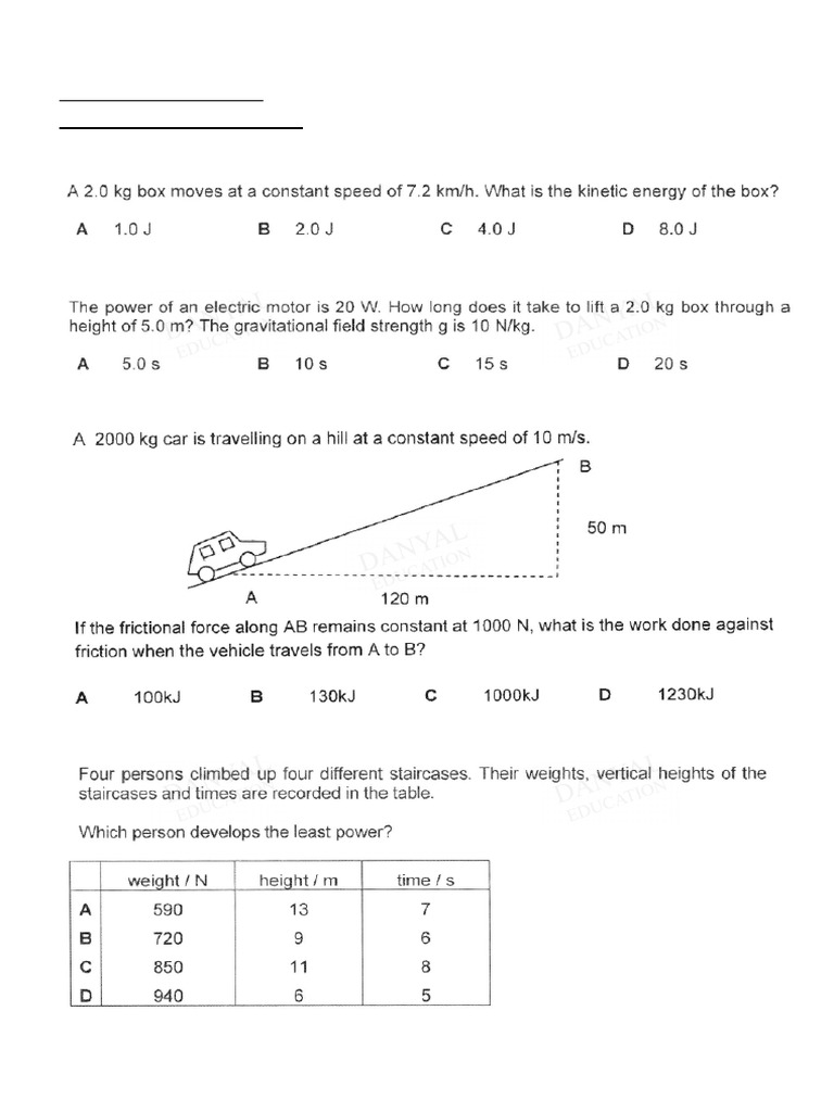 Pure Physics MCQs Energy Work Power Test 1.0 | PDF