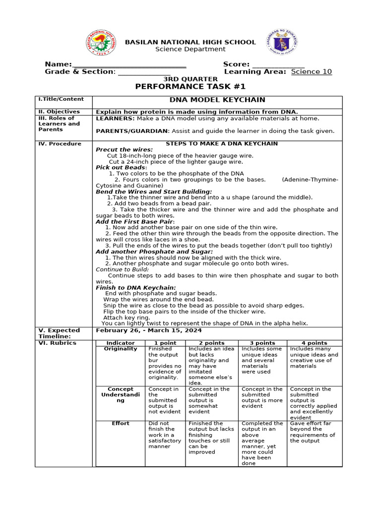 Q3W4 PERFORMANCE TASK 1 DNA Model | PDF | Dna | Wire