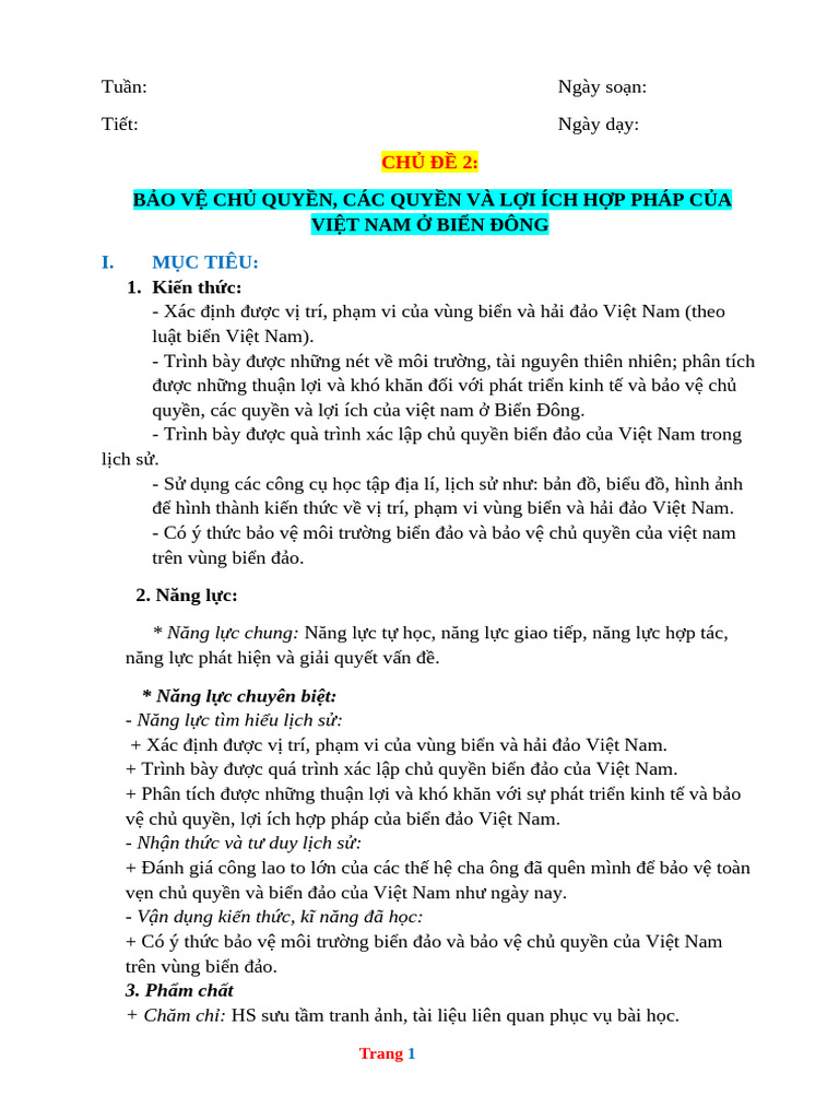 Giao An Lich Su 8 Ket Noi Tri Thuc Chu de 2 Bao Ve Chu Quyen Cac Quyen Va Loi I 309202320 | PDF